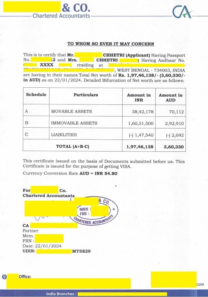 Net Worth Certificate for VISA - CA Net Worth Report for VISA
